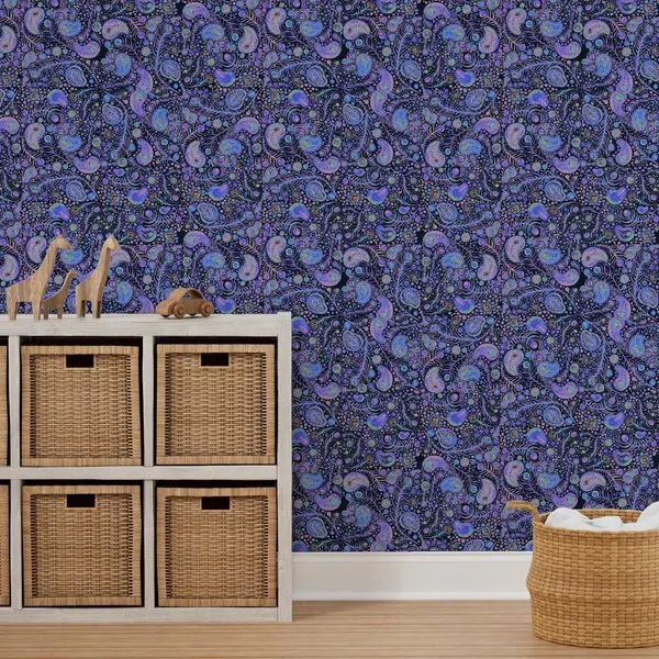 Spoonflower Pink Purple Glowing Paisley Dark Groovy 60s Traditional Wallpaper - Blue,black