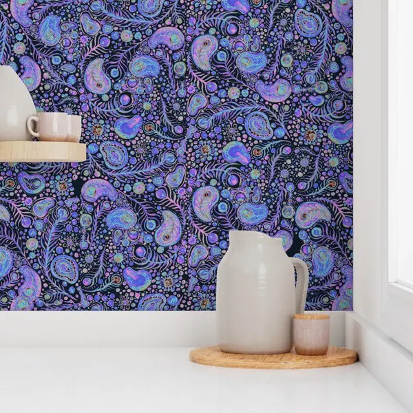 Spoonflower Pink Purple Glowing Paisley Dark Groovy 60s Traditional Wallpaper - Blue,black