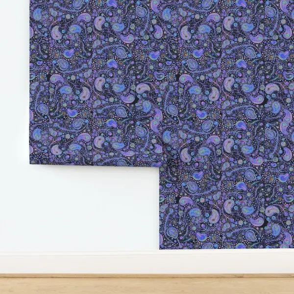 Spoonflower Pink Purple Glowing Paisley Dark Groovy 60s Traditional Wallpaper - Blue,black