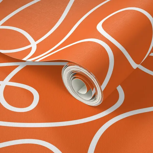 Spoonflower White Lines Orange Background Pattern Mid Century Custom Removable Wallpaper - Orange,white,gray