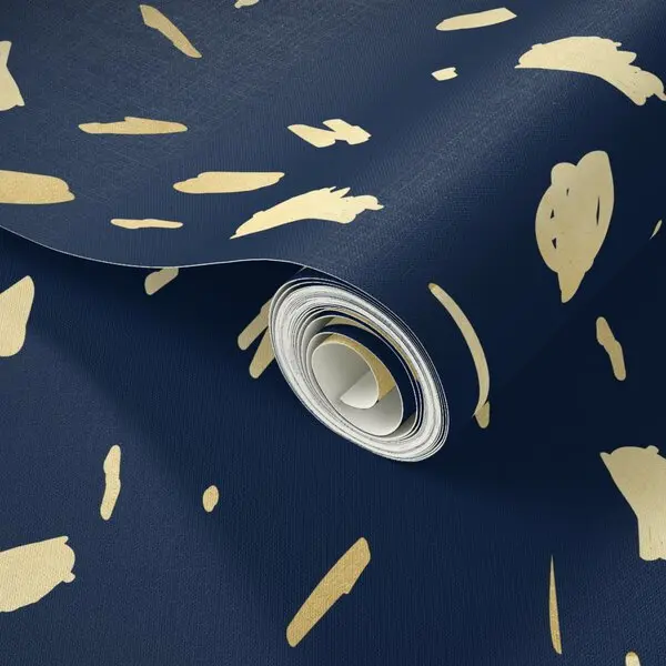 Spoonflower Gold Paint Navy Blue Room Yellow Abstract Bohemian Custom Removable Wallpaper - Blue,gold,green