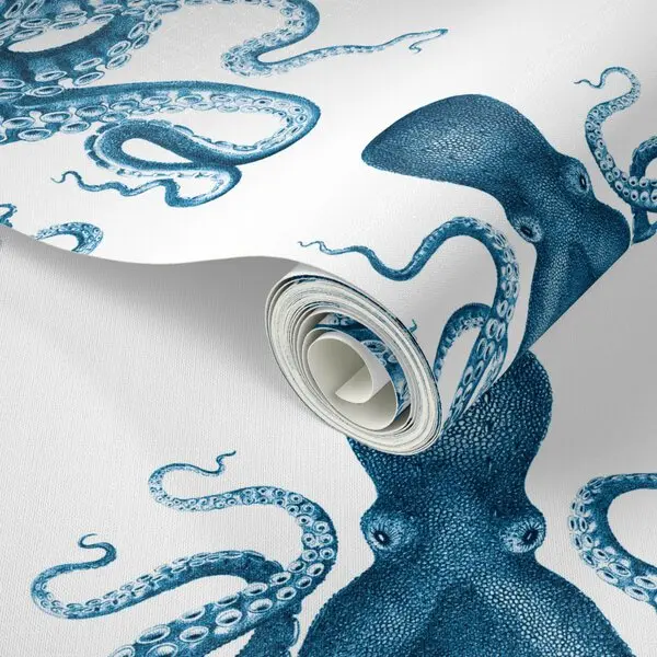 Spoonflower Octopus Steampunk Coastal White Indigo Teal Custom Pre-pasted Wallpaper - Blue,white,teal