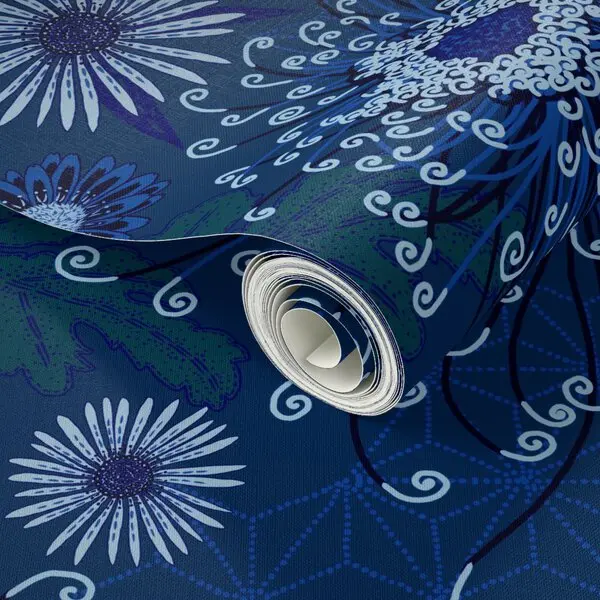 Spoonflower Japanese Chrysanthemums Asian Art Botanical Garden Traditional Wallpaper - Blue