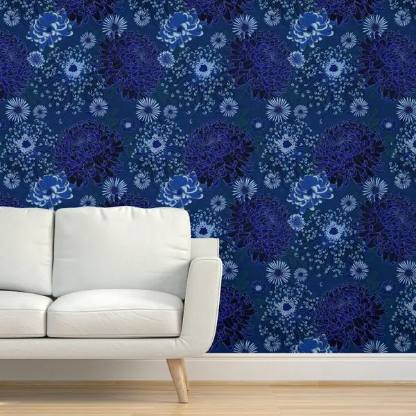 Spoonflower Japanese Chrysanthemums Asian Art Botanical Garden Traditional Wallpaper - Blue