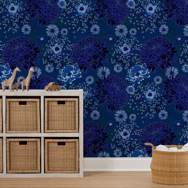 Spoonflower Japanese Chrysanthemums Asian Art Botanical Garden Traditional Wallpaper - Blue