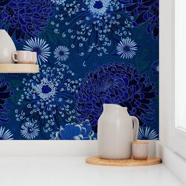 Spoonflower Japanese Chrysanthemums Asian Art Botanical Garden Traditional Wallpaper - Blue