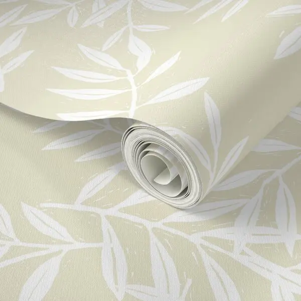 Spoonflower White Cream Leaves Light Foliage Custom Pre-pasted Wallpaper - White,gray