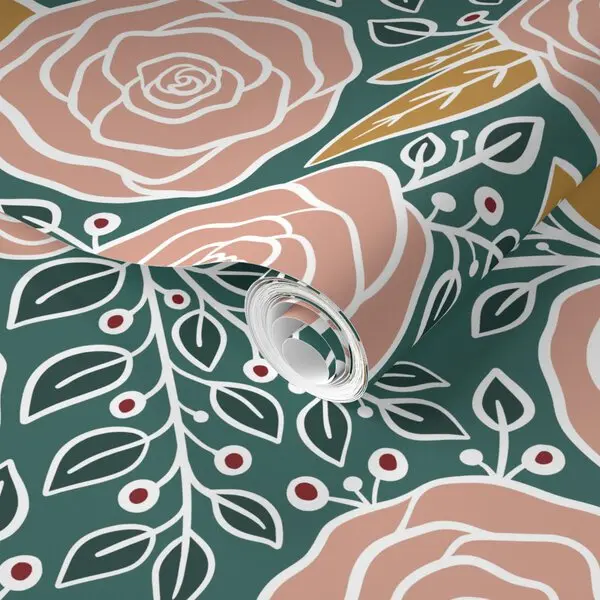 Spoonflower Pink Roses Mustard Yellow Leaves Large White Teal Custom Pre-pasted Wallpaper - Pink,green,yellow