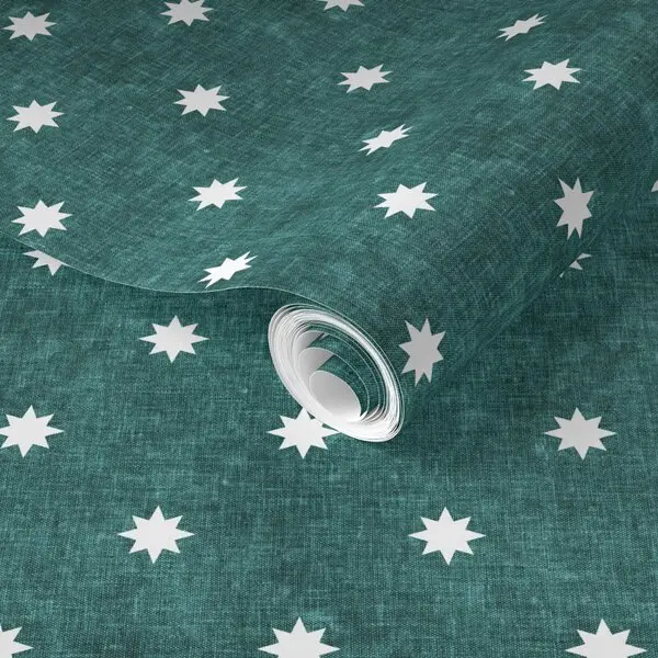 Spoonflower Vintage Farmhouse Mid Century Modern Teal Custom Pre-pasted Wallpaper - Green,white,blue