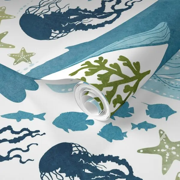 Spoonflower Whales Fish Turtles Sea Ocean Octopus Custom Pre-pasted Wallpaper - Blue,sage,green