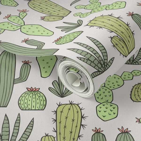 Spoonflower Cactus Botanical Cacti Succulents Southwest Desert Traditional Wallpaper - Sage,gray,green