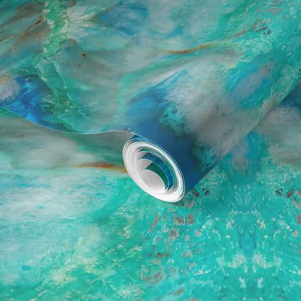 Spoonflower Green Crystals Rocks Malachite Abstract Gemstone Custom Removable Wallpaper - Blue,teal,green