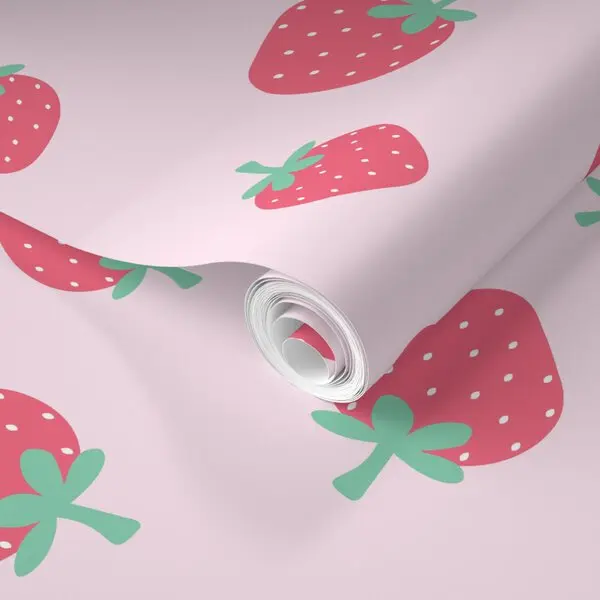 Spoonflower Pink Cute Red Fruit Kawaii Summer Strawberry Custom Pre-pasted Wallpaper - Pink,green,red