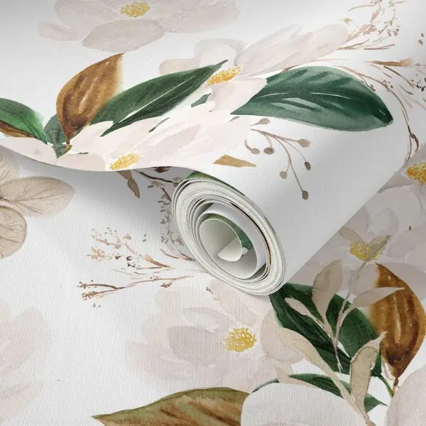 Spoonflower Floral Magnolia Modern White Spring Gold Green Custom Pre-pasted Wallpaper - Gray,green,brown