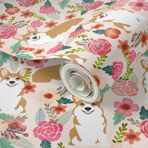 Spoonflower Pink Corgi Florals Pet Dog Welsh Vintage Flowers Traditional Wallpaper - Pink,beige,brown