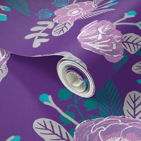 Spoonflower Purple Floral And Turquoise Custom Removable Wallpaper - Purple,blue