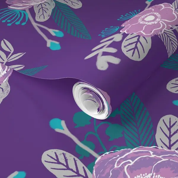 Spoonflower Purple Floral And Turquoise Custom Removable Wallpaper - Purple,blue