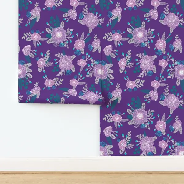 Spoonflower Purple Floral And Turquoise Custom Removable Wallpaper