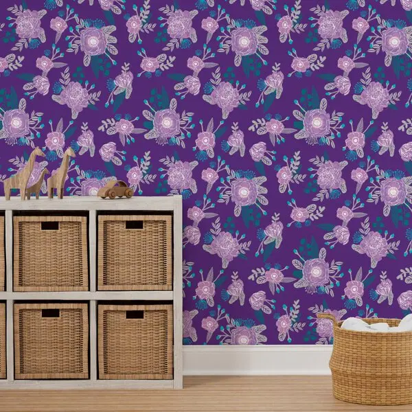 Spoonflower Purple Floral And Turquoise Custom Removable Wallpaper