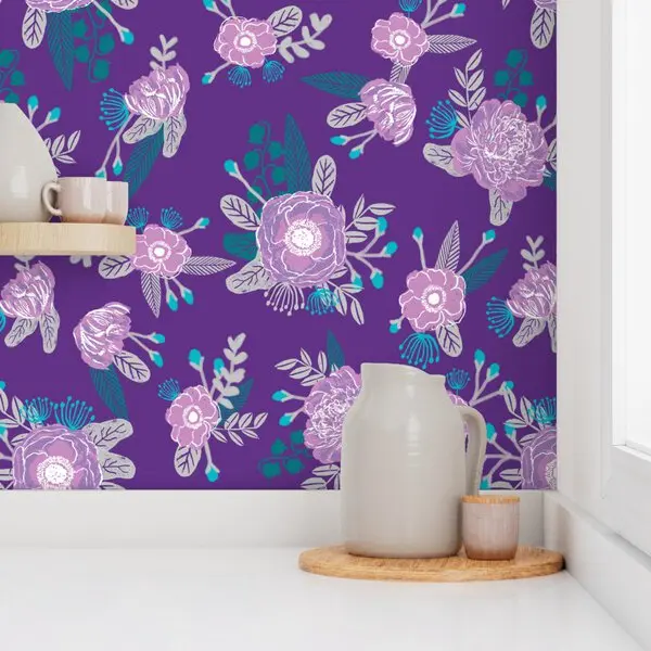Spoonflower Purple Floral And Turquoise Custom Removable Wallpaper