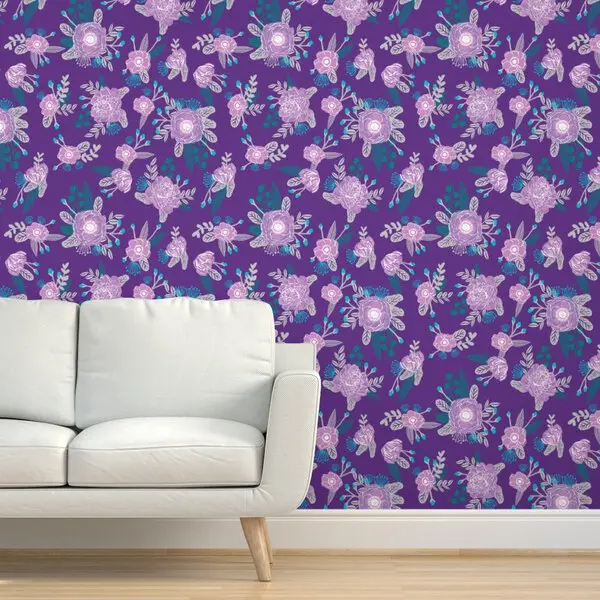 Spoonflower Purple Floral And Turquoise Custom Removable Wallpaper