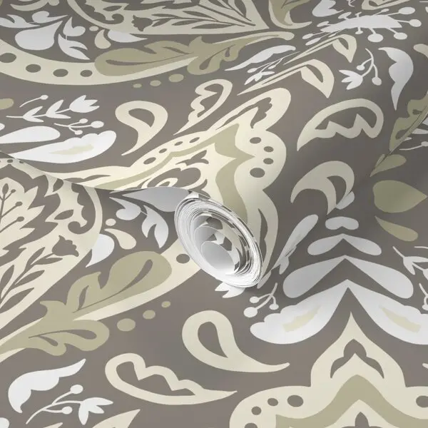 Spoonflower Vintage Floral Victorian Moroccan Damask Custom Pre-pasted Wallpaper - Gray,white,beige
