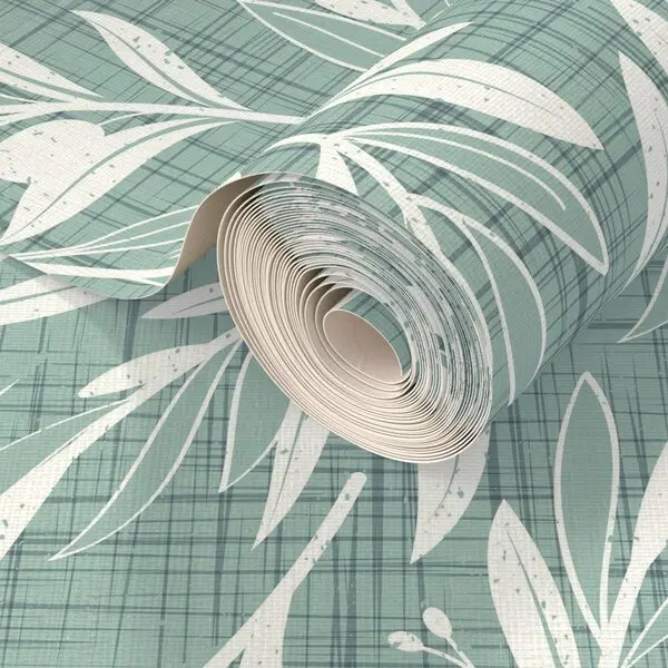 Spoonflower Peaceful Olive Branches Large Jumbo Scale Duck Egg 100% Natural Sisal Grasscloth Wallcovering - Green