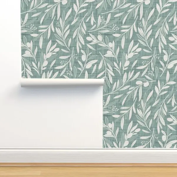 Spoonflower Peaceful Olive Branches Large Jumbo Scale Duck Egg 100% Natural Sisal Grasscloth Wallcovering