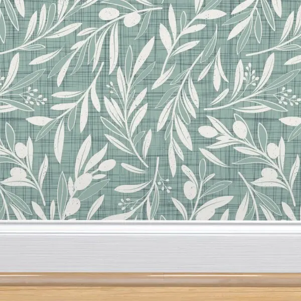 Spoonflower Peaceful Olive Branches Large Jumbo Scale Duck Egg 100% Natural Sisal Grasscloth Wallcovering