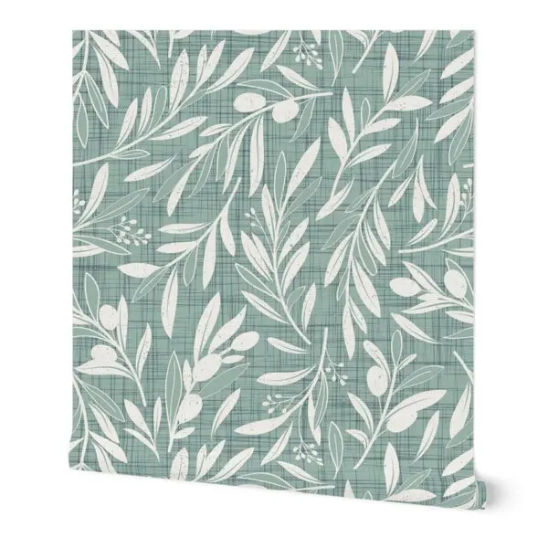Spoonflower Peaceful Olive Branches Large Jumbo Scale Duck Egg 100% Natural Sisal Grasscloth Wallcovering
