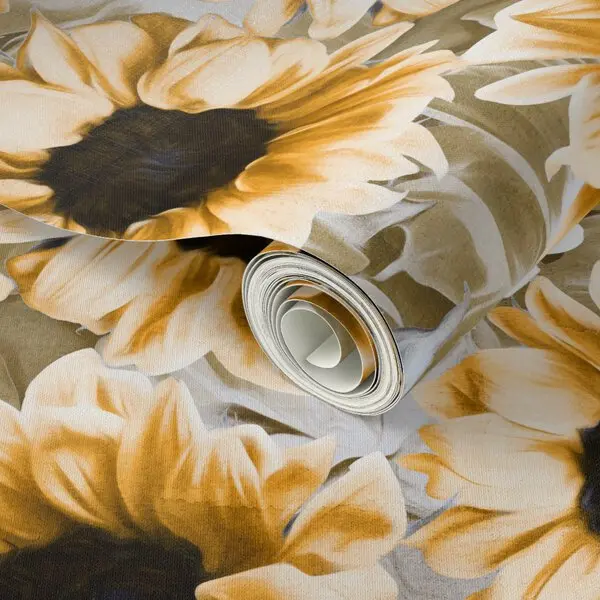 Spoonflower Dreamy Autumn Sunflowers Cream Yellow Floral Custom Removable Wallpaper - Yellow,gray,brown