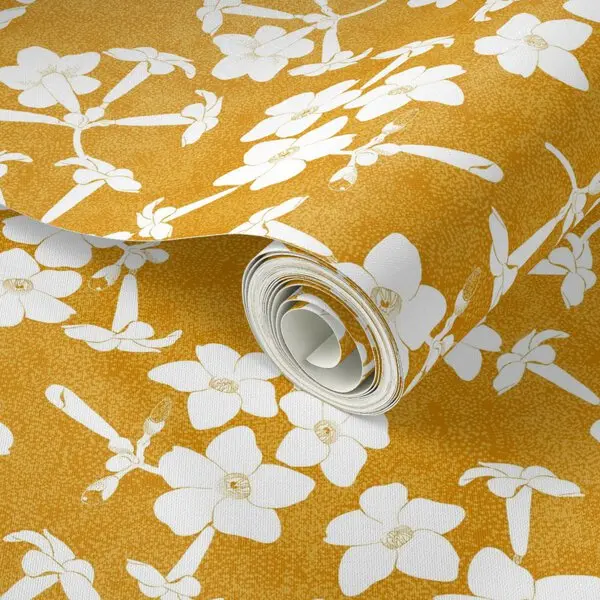 Spoonflower Perfume Tropical Botanical Floral Blossoms Orange Custom Pre-pasted Wallpaper - Yellow,green,brown