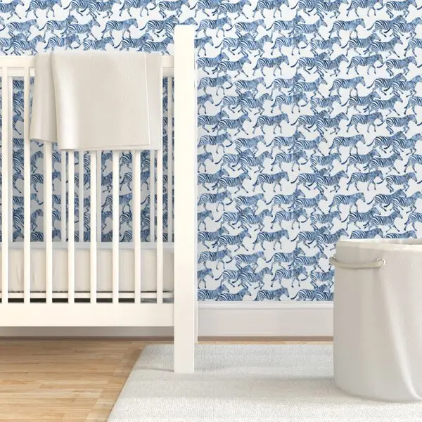 Spoonflower Scale Blue Trendy Zebra Stripes Little Arrow Custom Pre-pasted Wallpaper - Blue,white,gray