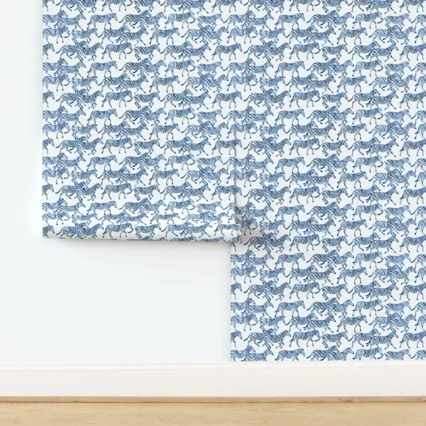 Spoonflower Scale Blue Trendy Zebra Stripes Little Arrow Custom Pre-pasted Wallpaper - Blue,white,gray