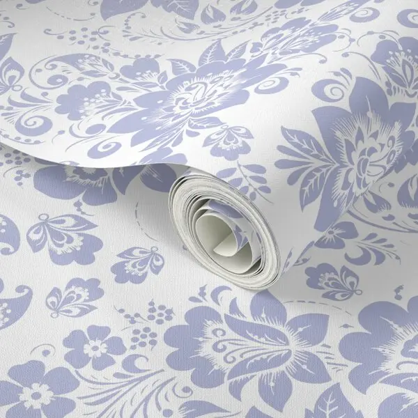 Spoonflower Blue Violet White Swedish Folk Art Custom Pre-pasted Wallpaper - Blue,white,gray