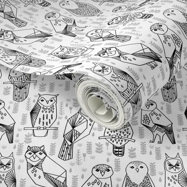 Spoonflower Bird Black And White Owl Nursery A322 B262 Custom Pre-pasted Wallpaper - White,black,gray