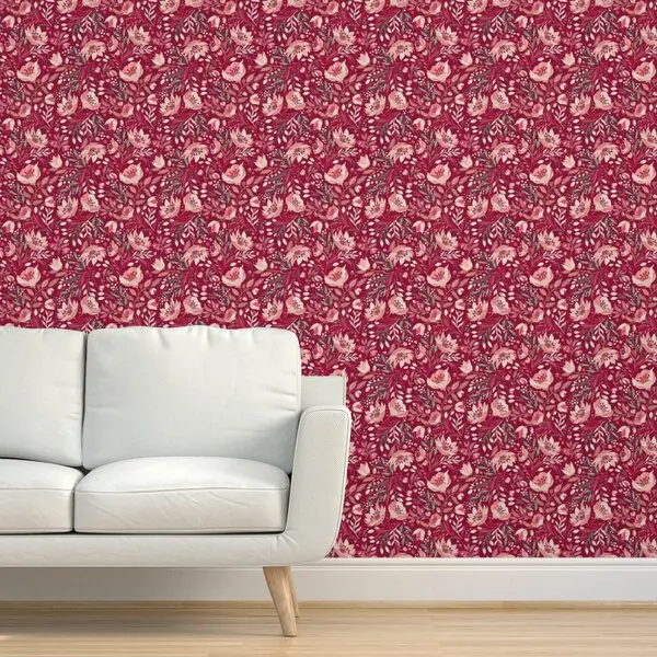 Spoonflower Christmas Rose Cherry Small 100% Natural Sisal Grasscloth Wallcovering