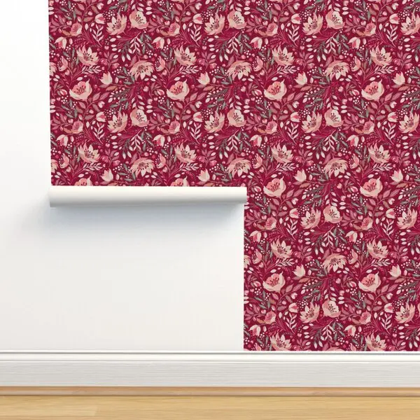 Spoonflower Christmas Rose Cherry Small 100% Natural Sisal Grasscloth Wallcovering
