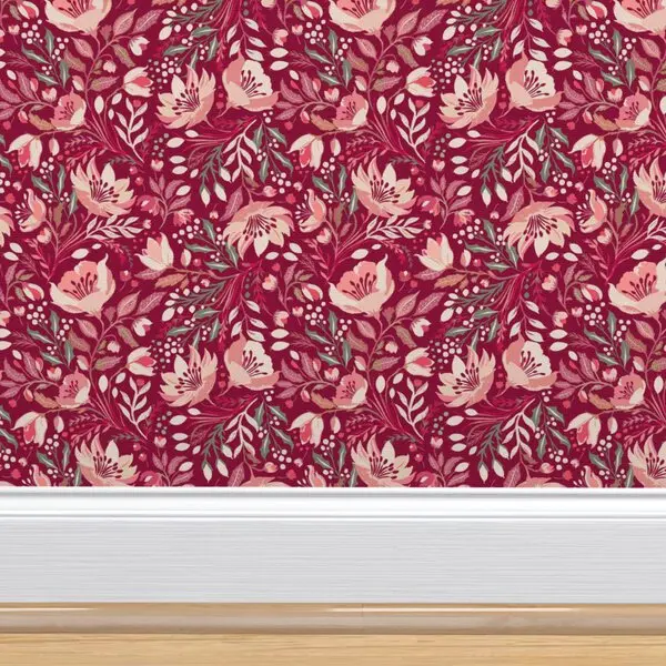 Spoonflower Christmas Rose Cherry Small 100% Natural Sisal Grasscloth Wallcovering