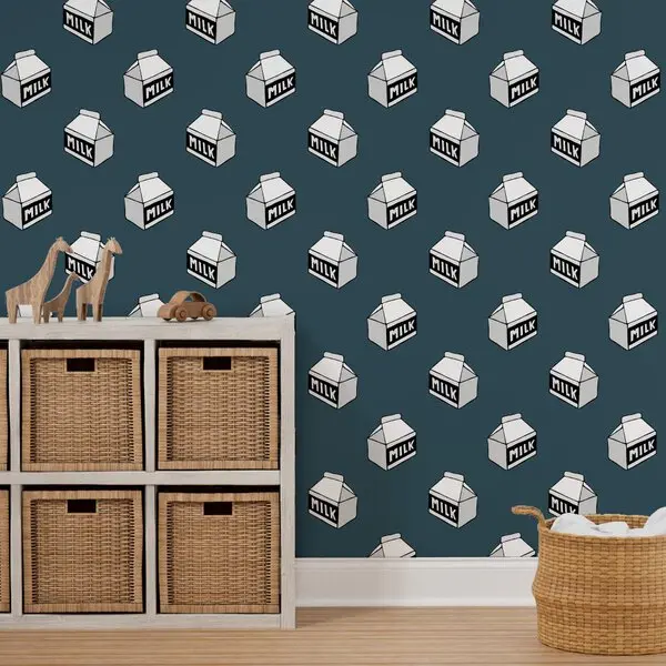 Spoonflower Milk Carton Lunch Box Blue Grey Hipster Custom Removable Wallpaper - Blue,gray