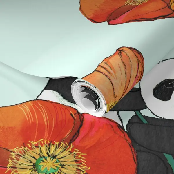 Spoonflower Poppies Pandas Mint Panda Bear Poppy Botanical Custom Removable Wallpaper - Black,orange,mint