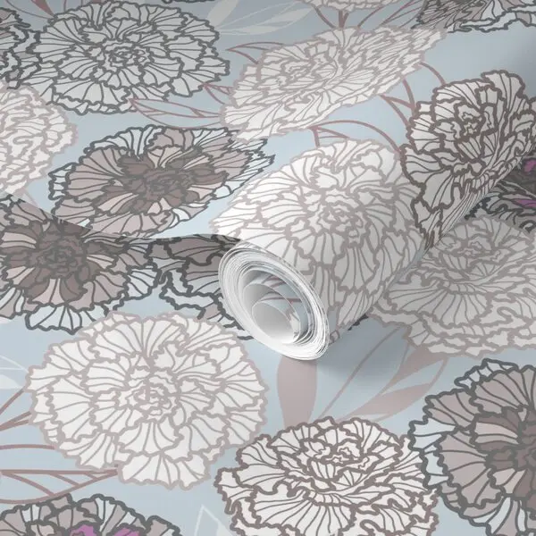 Spoonflower Pink Blue Brown Floral Grey Fashion Blossom Custom Pre-pasted Wallpaper - Gray,purple