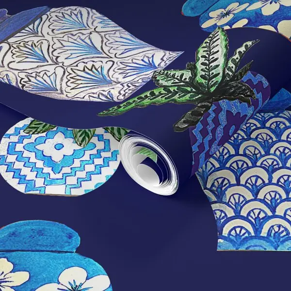 Spoonflower Chinoiserie Botanical Palm Leaves Ginger Jar Foo Custom Removable Wallpaper - Blue