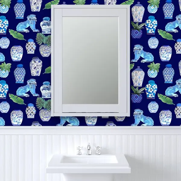Spoonflower Chinoiserie Botanical Palm Leaves Ginger Jar Foo Custom Removable Wallpaper - Blue