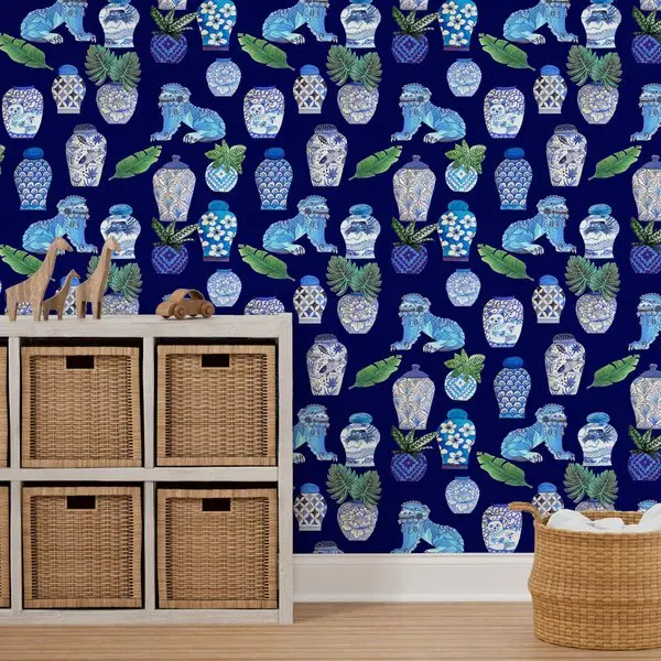 Spoonflower Chinoiserie Botanical Palm Leaves Ginger Jar Foo Custom Removable Wallpaper - Blue