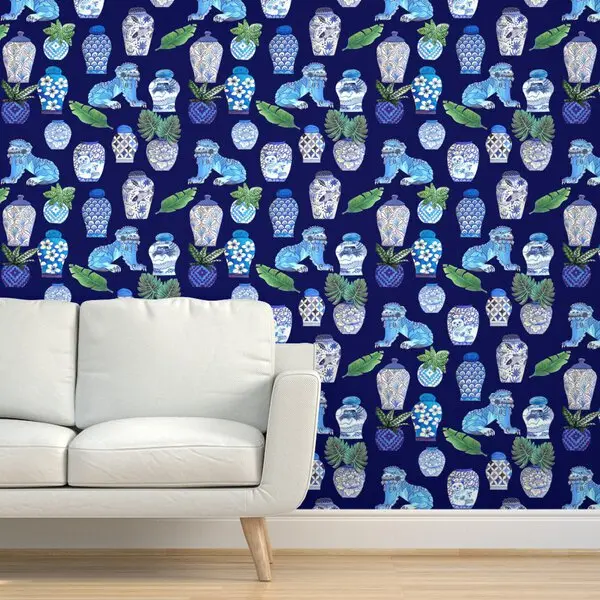 Spoonflower Chinoiserie Botanical Palm Leaves Ginger Jar Foo Custom Removable Wallpaper - Blue