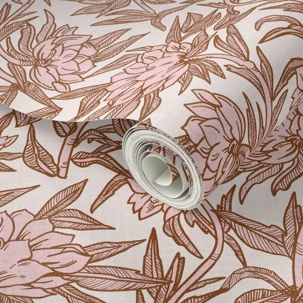 Spoonflower Floral Pink Flower Baby Custom Pre-pasted Wallpaper - Pink,bronze,brown