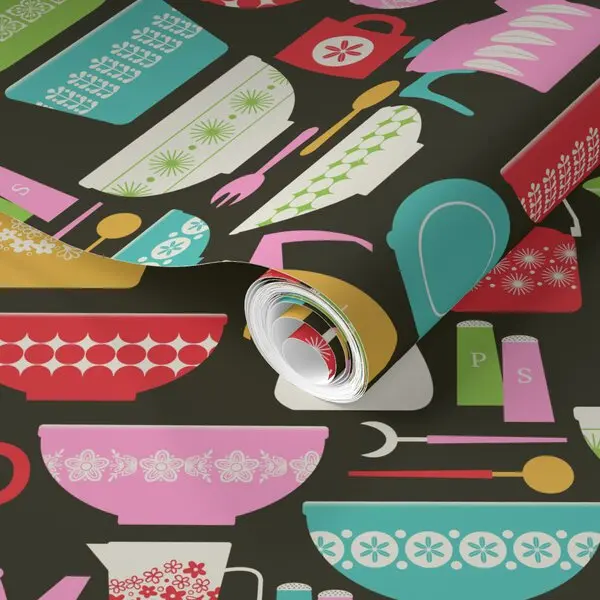 Spoonflower Vintage Kitchen Bright Pink Green Blue Red Retro Custom Pre-pasted Wallpaper - Green,pink,brown
