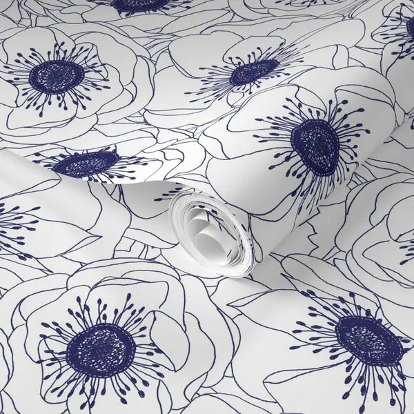 Spoonflower White Navy Flowers Floral Botanical Poppy Poppies Custom Pre-pasted Wallpaper - Blue,white,purple