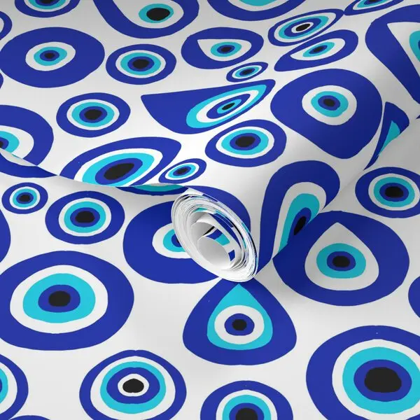 Spoonflower Blue Aqua Indigo Eye Turkey Eyes Traditional Wallpaper - Blue,white,black